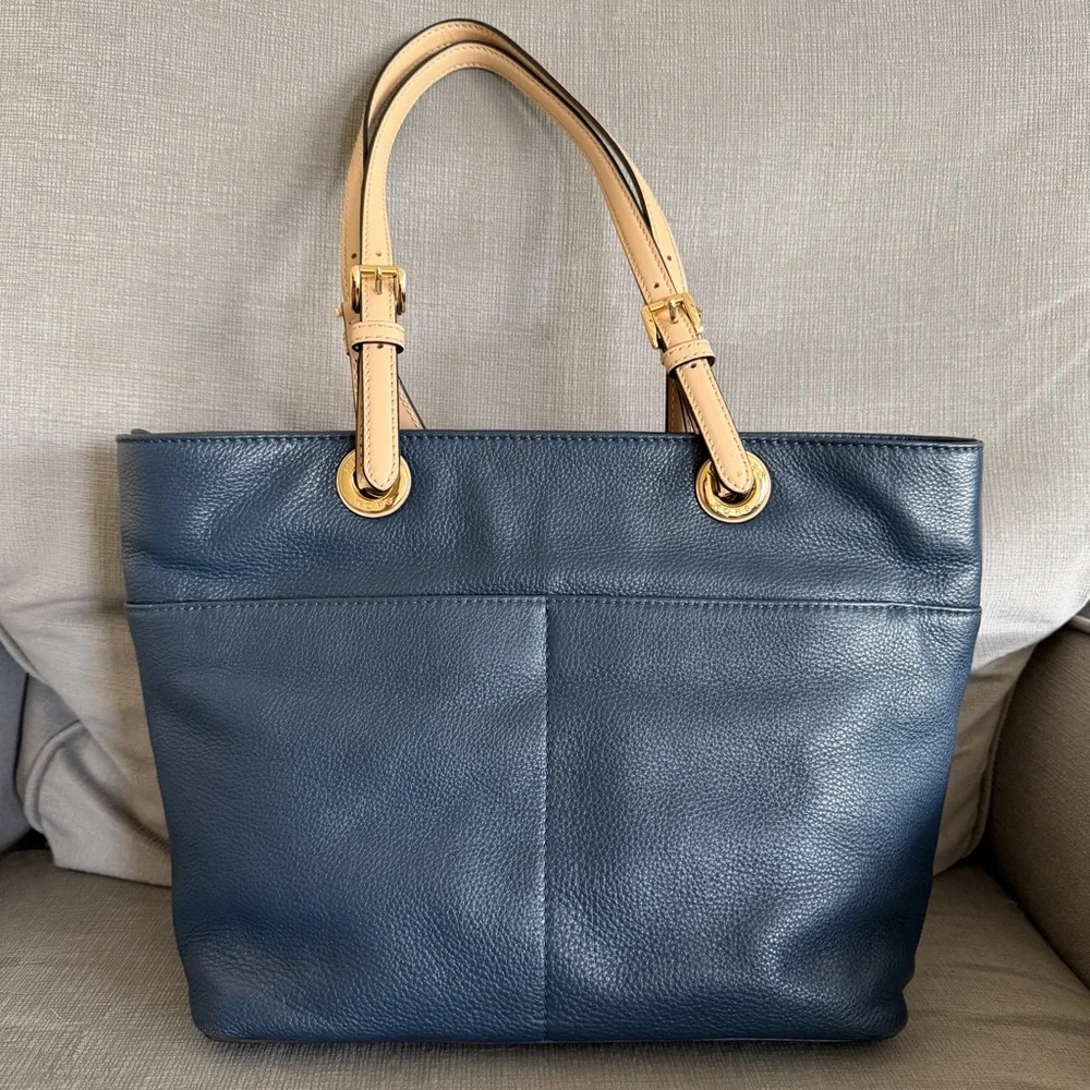 Michael Kors | Bags | Michael Kors Dark Blue Pebbled Leather With Tan ...